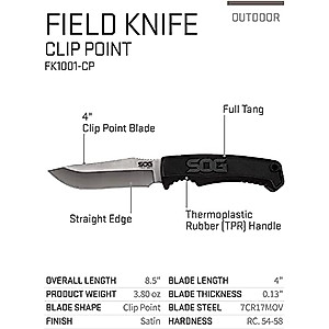 SOG Survival Knife with Sheath - Field Knife Fixed Blade Knives 4 Inch Tactical Knife and Bushcraft Knife w/Full Tang Hunting Knife Blade (FK1001-CP)