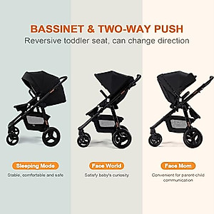 Baby Stroller, 2 in 1 Convertible Stroller with Bassinet Mode, Newborn Pram Stroller, Infant Stroller with Reversible Seat for Toddler, Adjustable Canopy and Footrest, Easy Fold (Black)