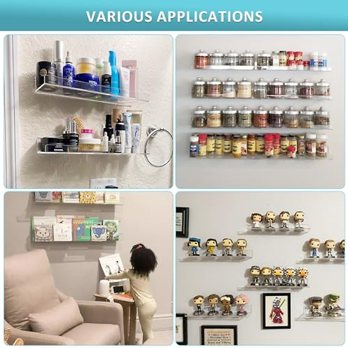 Albumgit 3 Pack Acrylic Wall Shelves, Self-Adhesive 15" Clear Floating Shelf Wall Mount, Invisible Kids Bookshelf, Display Storage Wall Ledge Shelves for Home Decoration and Organization