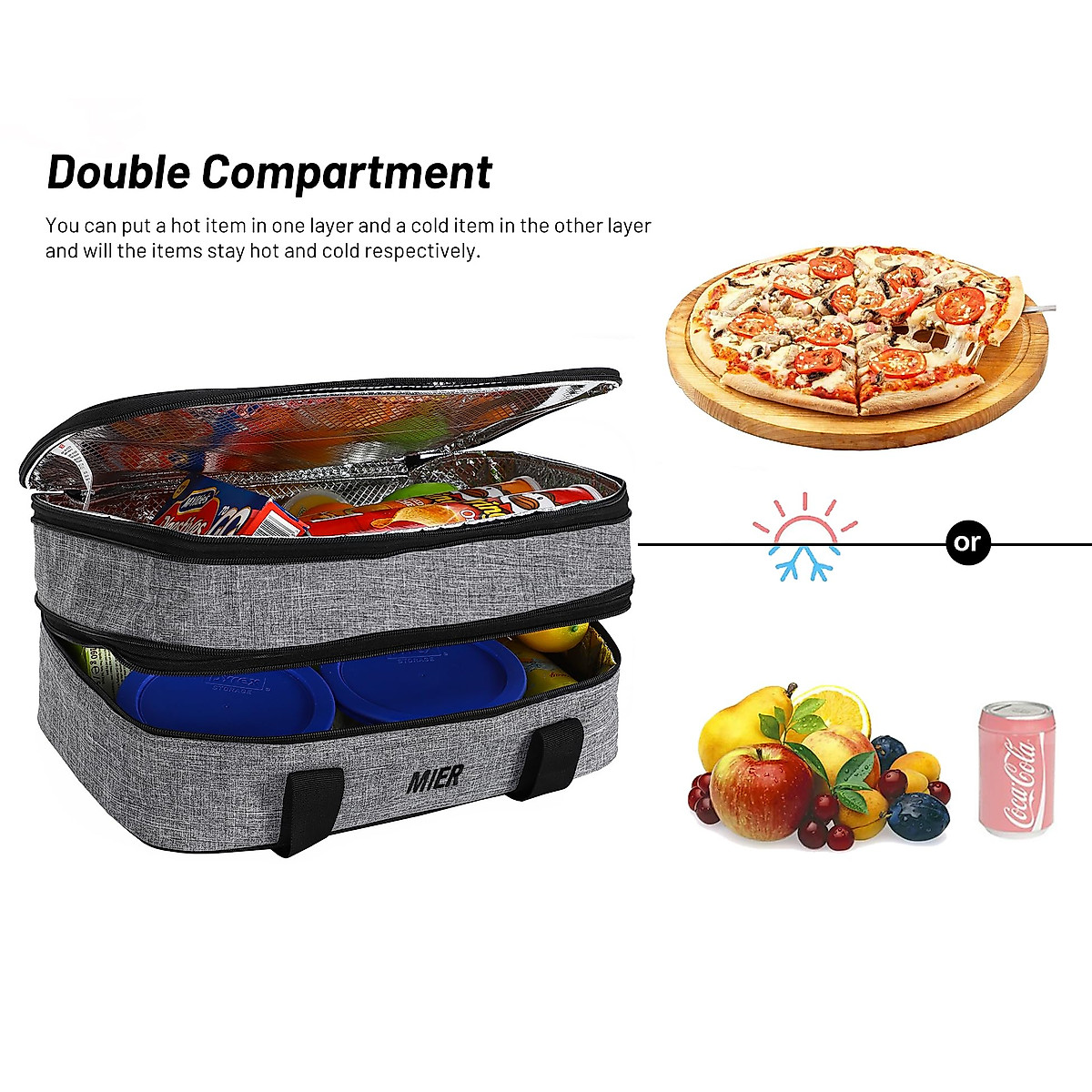 MIER Insulated Double Casserole Carrier Thermal Lunch Tote for Potluck Parties, Picnic, Beach, Fits 9 x 13 Inches Casserole Dish, Expandable by Mid Zipper, Gray