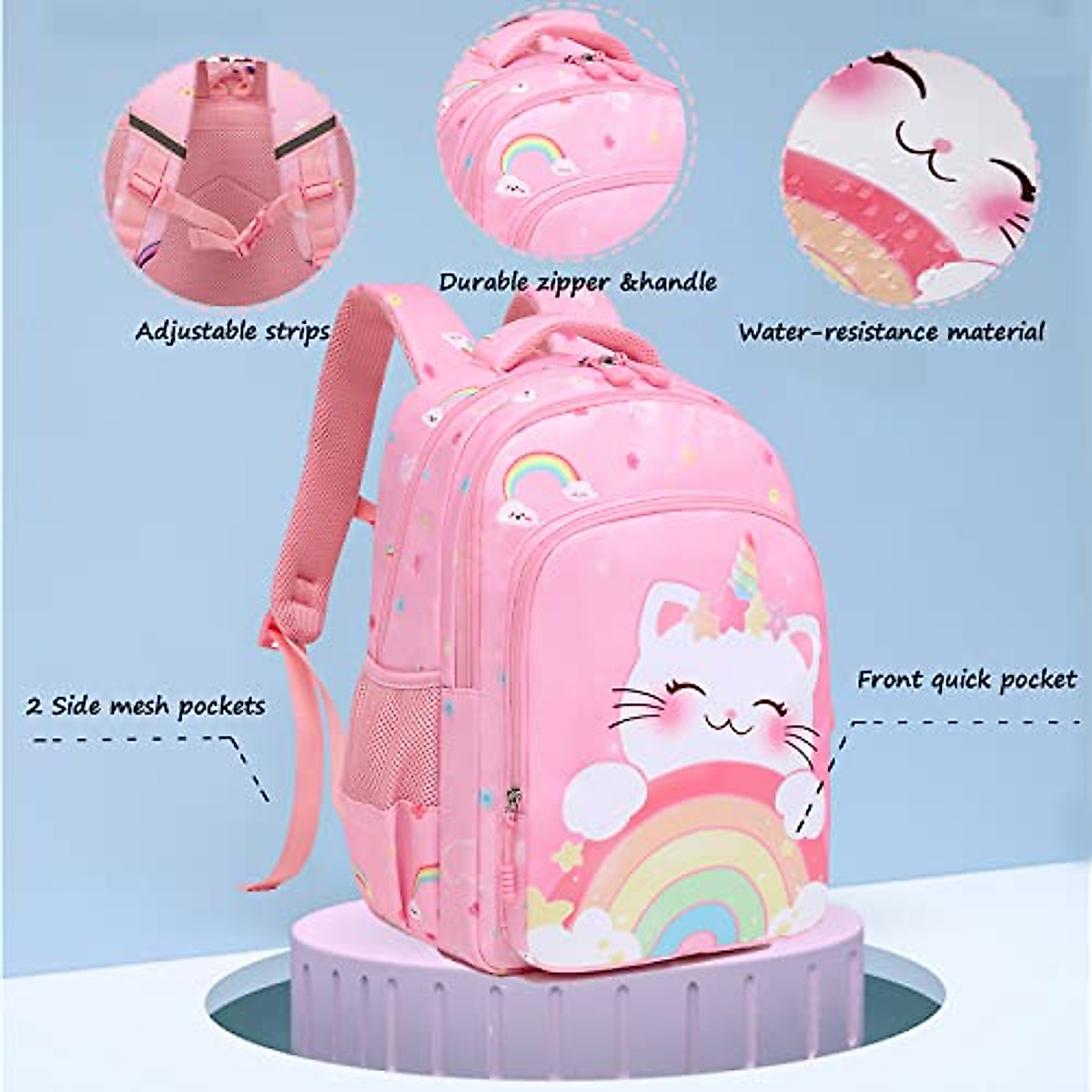 Jumpopack Unicorn Backpack for Girls School Backpack for Elementary Girls Backpack with Lunch Box Lightweight Water Resistance School Bag Preschool Kids Bookbag,Unicorn Cat