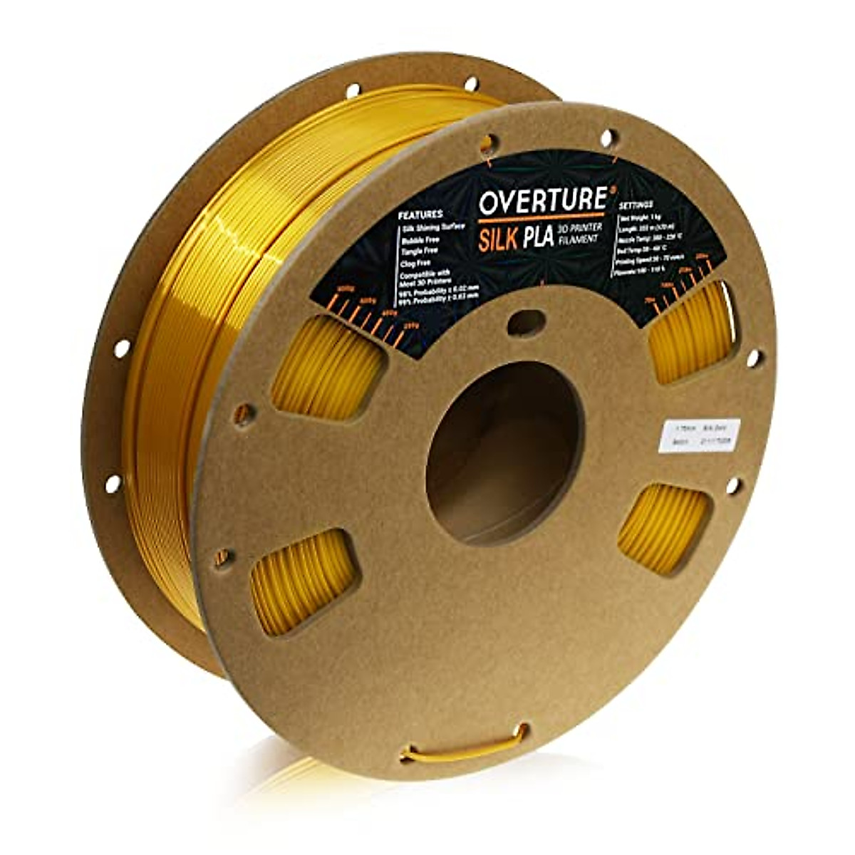 OVERTURE Silk Filament PLA 1.75mm Clog-Free Shiny 3D Printer Filament, 1kg Spool (2.2lbs), Dimensional Accuracy +/- 0.03 mm, Fit Most FDM Printer(Silk Gold)