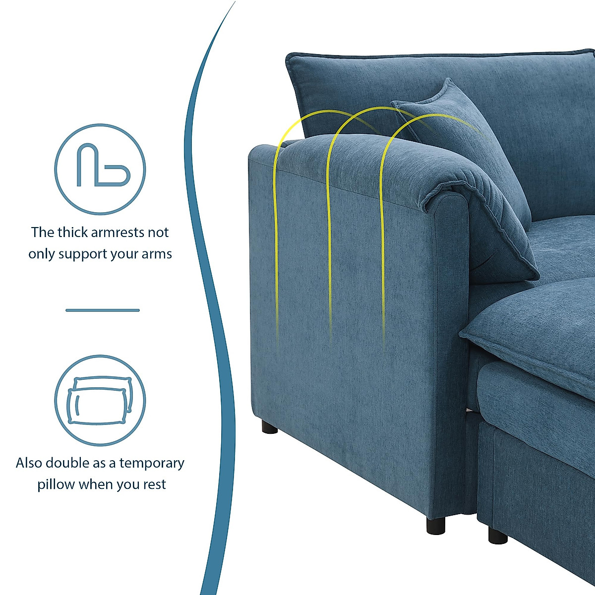 Modern U-Shaped Cloud Couch Set with Double Cushions, Chenille Modular 6-Seat Sectional Sofa Sleeper Bed with Ottomans Blue