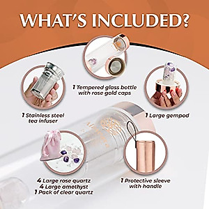Almeara Crystal Water Bottle with Authentic Amethyst, Rose Quartz & Clear Quartz Removable Gemstones, Loose Leaf Tea Infuser - Relaxation, Healing & Spiritual Gifts for Women - Witchcraft Supplies