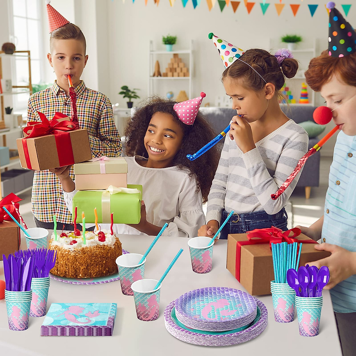 200Pcs Mermaid Paper Plates and Napkins Set,Mermaid Birthday Party Supplies Disposable Dinner Tableware Plates Napkins Cups Knives Spoons Fork for Mermaid Kids Birthday Party Decorations,Serve 25Guest