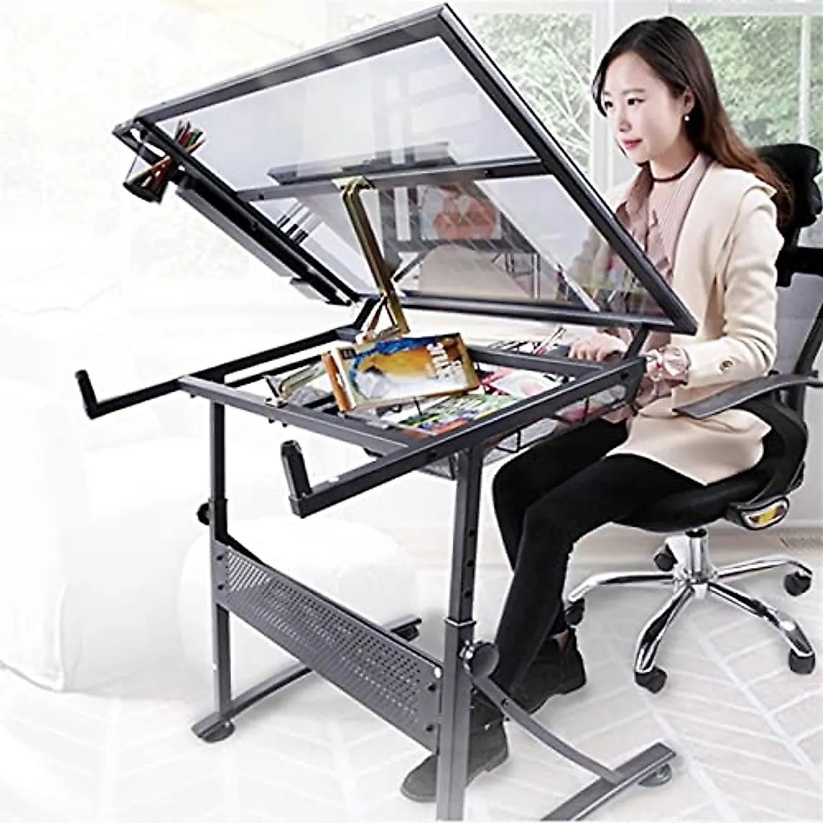 EESHHA Drawing Table Drafting Desk, Adjustable Glass Drafting Table,Versatile Art Study Table,with Storage Drawers,Art Studio Design Sketching Painting Work Station
