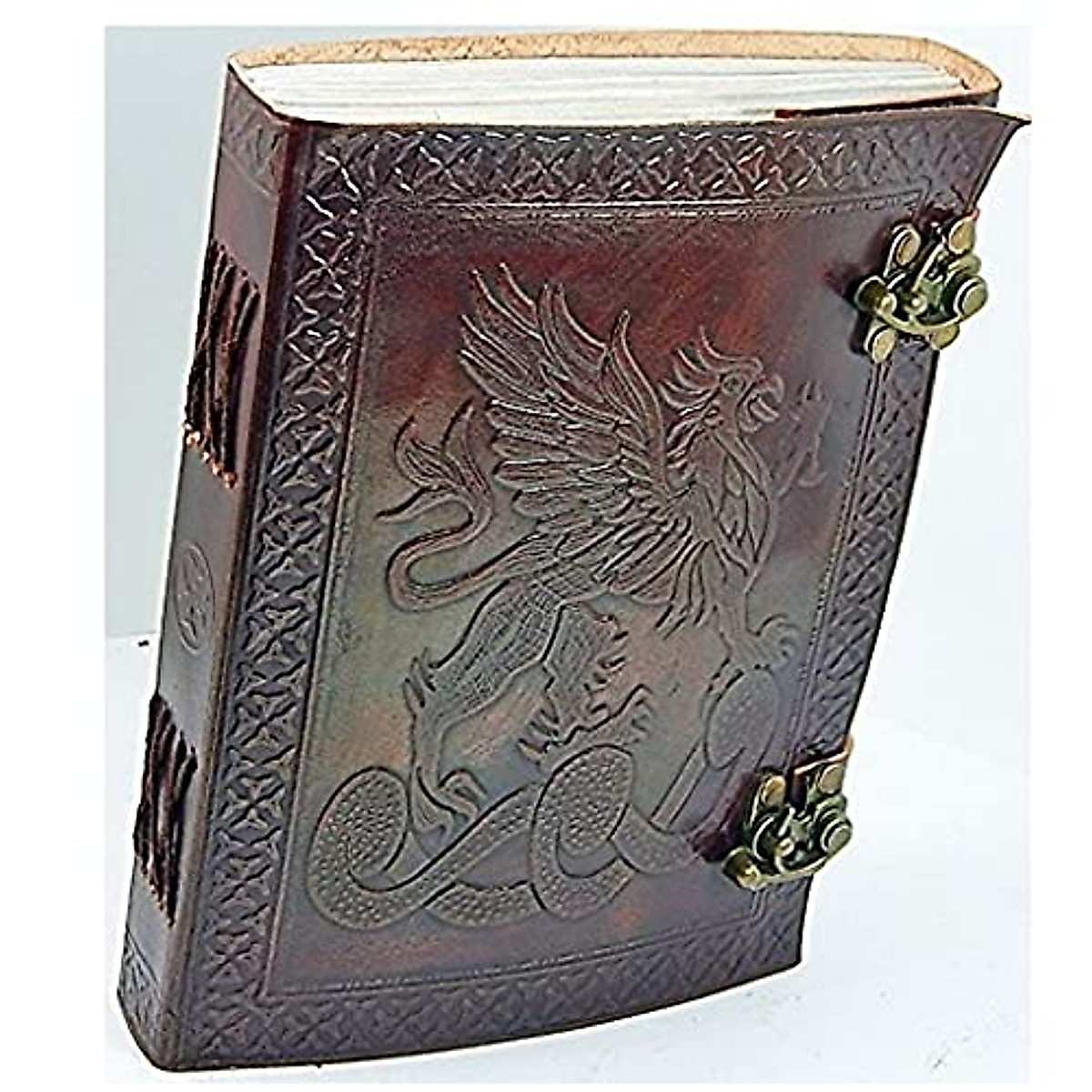 MONTEXOO Leather Journal Dragon Dungeons Dragonette Diary Sketchook Notebook with Lock for Men Women Dnd Travel Bullet Handmade Vintage Old Antique Writing Large Old Cool Brown 8 Inch