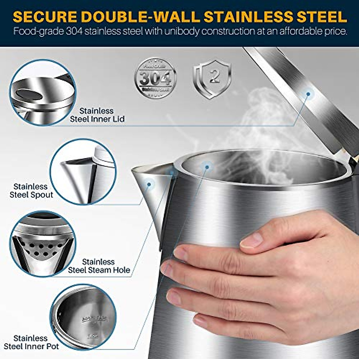 Secura Double Wall Stainless Steel Electric Kettle Water Heater for Tea Coffee w/Auto Shut-Off and Boil-Dry Protection, 1.5L/1.6Qt, Black