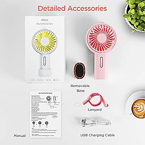 IPOW Mini Handheld Fan Personal Portable Fan 3 Speed Adjustable Angle Removable Base Lanyard USB Recharging Battery Operated Small Desk Cooling Face Fan for Home Camping Disney Travel Peach Pink