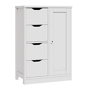 Vongrasig Bathroom Floor Storage Cabinet, Wooden Storage Organizer with 4 Drawers and 1 Door, Freestanding Pantry Cabinet with Adjustable Shelves for Bathroom, Living Room, Kitchen, Entryway, White