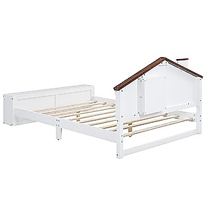 Tensun Full Size House Platform Bed with Storage, Wood Bed Frame with Headboard & Footboard LED Lights, for Kids Teens Adults,No Box Spring Needed, White