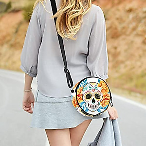 Colorful Skull Crossbody Bag for Women Teen Girls Round Canvas Shoulder Bag Purse Tote Handbag Bag