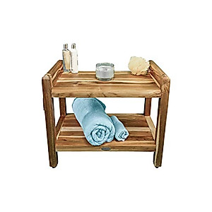 EcoDecors Eleganto Earthy Teak Shower Bench 2-Tier Wooden Seat Spa Shower Stool with Storage Shelf and LtAide Arms,for Indoor and Outdoor- 24 Inches