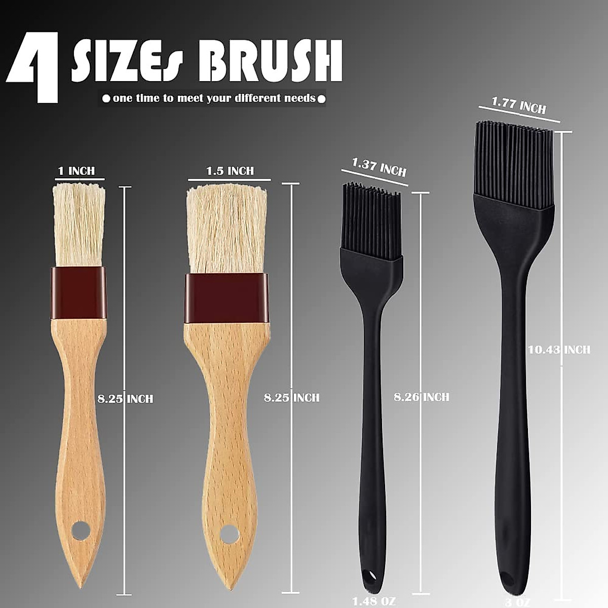 ANLIZY Pastry Brush for Cooking and Baking- 4 Pack Silicone Basting Brush and Food Brushes with Boar Bristles and Hardwood Handle Set for Kitchen, Grilling and Spreading Oil, Butter, BBQ Sauce (Black)