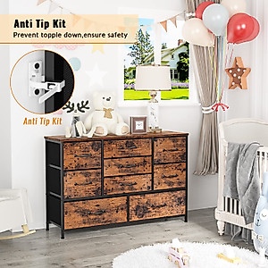 Furnulem Wide Dresser with 9 Large Drawers for 55'' Long TV Stand Entertainment Center,Wood Shelf Storage for Bedroom,Living Room,Closet,Entryway,Sturdy Metal Frame (Rustic Brown