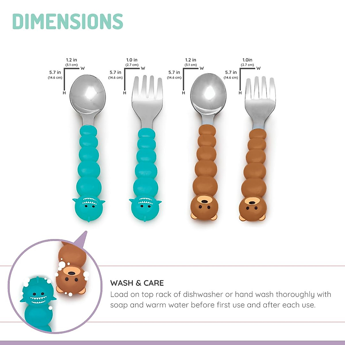 melii Toddler and Kid Feeding Spoon & Fork Set, Stainless Steel – Bulldog, Cat, Shark, Bear– BPA Free, Dishwasher safe (Bear & Shark 4pc)