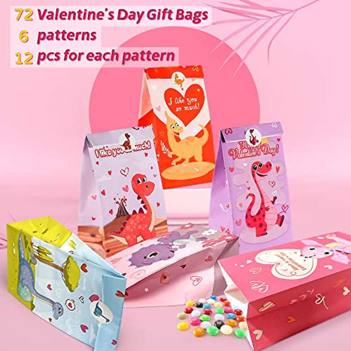 Valentine Gift Bags with Valentines Stickers - 72 PCS Valentine Treat Bags + 72 PCS Valentine’s Day Stickers, Valentines Candy Bags, Goodie Bags for Valentine’s Classroom Party Favors Gifts Exchange