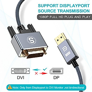 sweguard DisplayPort to DVI Cable 10ft, DVI to Displayport Adapter Male to Male, High Speed Gold Plated Nylon Braided DP to DVI-D Cable Compatible with Lenovo, Dell, HP, Monitor, and Other Brand-Grey