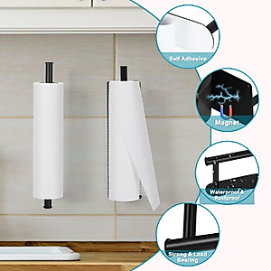 ABQ Paper Towel Holder Under Cabinet 2 Pack, Self Adhesive and Magnetic Paper Towel Holder Wall Mount, Towel Bar for Kitchen Bathroom RV Refrigerator, Black