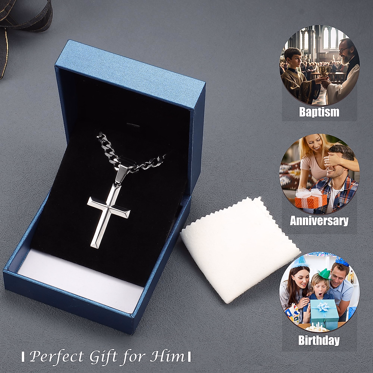SAILIMUE 925 Sterling Silver Cross Necklace for Men Women with Stainless Steel Diamond Cut Cuban Link Curb Chain Beveled Edge Crucifix Pendant Necklace Cross Jewelry 18 Inches