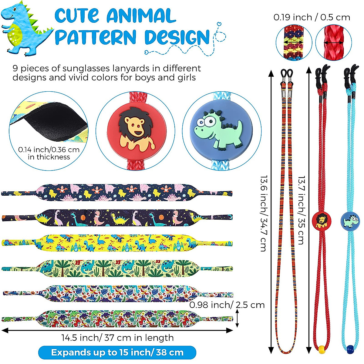 Frienda 9 Pcs Kids Eyeglass Straps Neoprene Nonslip Kids Sunglasses Holder Lanyard Retainer Animal Theme Sport Adjustable Eyewear Retainer for Boys Girls