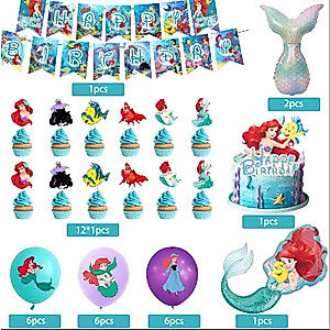 Little Mermaid Birthday Party Decorations for Girls Ariel Princess Birthday Party Supplies Includes Happy Birthday Banner,Latex Balloons, Shaped Foil Balloons, Cake Topper, Cupcake Toppers for Girls Little Mermaid Party Gift