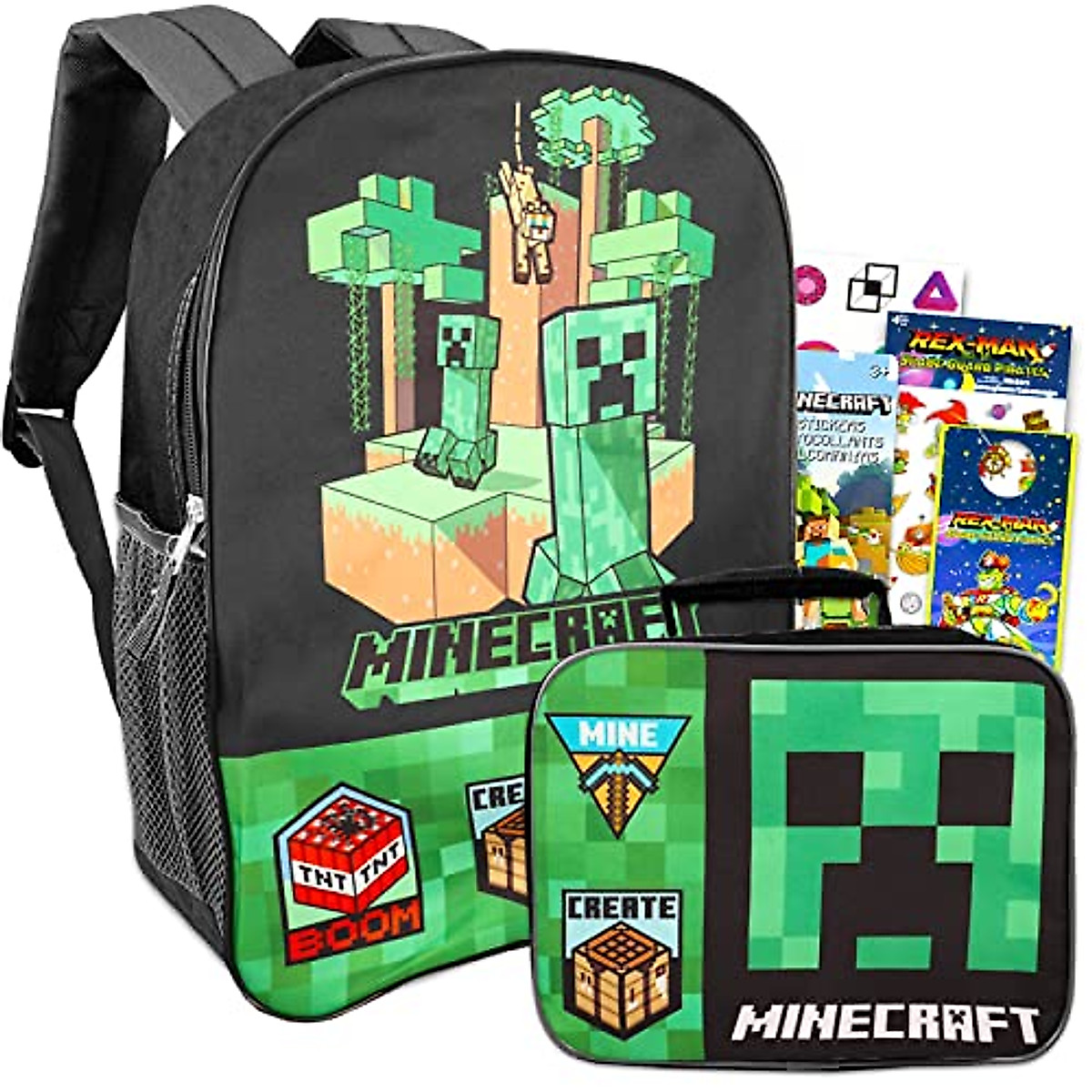 Game Party Minecraft Backpack and Lunch Set for Boys - Bundle with 16” Minecraft Backpack, Lunch, Stickers, Tattoos, More | Minecraft Backpack for Boys 8-12