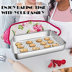 12.4 Inch Deep Rectangular Cake Pan, P&P CHEF Stainless Steel Baking Pan Lasagna Pan for Toaster Oven, Perfect to Bake Cookie Cake Meat, Corrugated Bottom & Heavy Duty, Non-Toxic & Dishwasher Safe