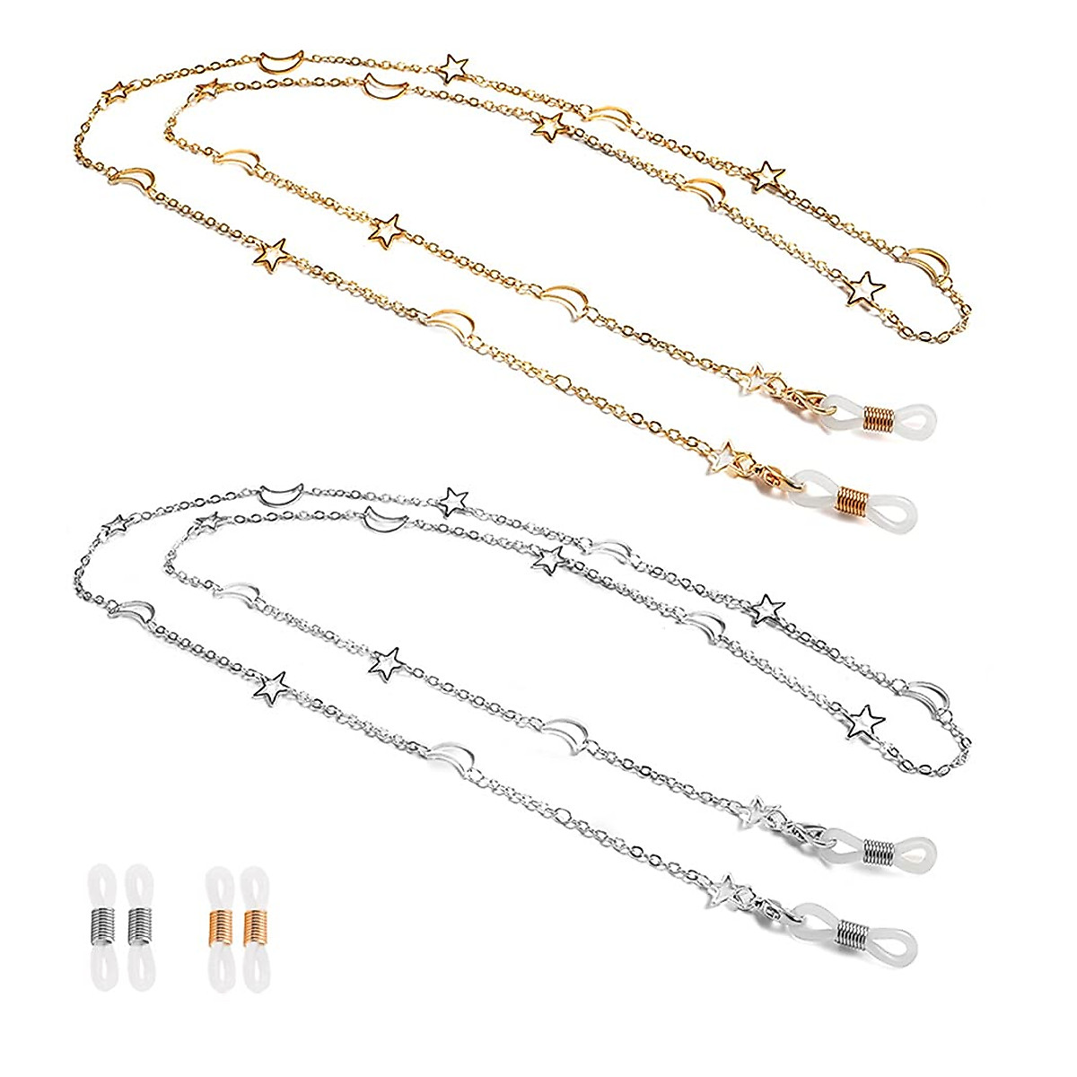 Aabellay 2PCS Eyeglass Chain Sunglass Strap Holder Reading Glass Cords Lanyard Necklace Eyewear Retainer Metal Long Necklace Accessories with Rubber Ends –Style Star and Moon