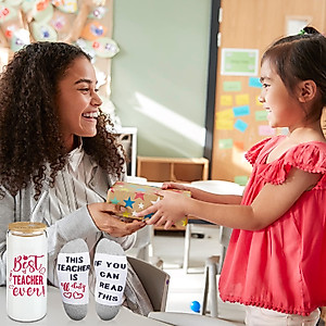 Tanlade 6 Pcs Teacher Appreciation Gifts Set Include Teacher Glass Cup with Lid and Glass Straw Teacher Tumbler Teacher Appreciate Socks Teacher Gifts Cool for Women Men Holiday Graduation Birthday