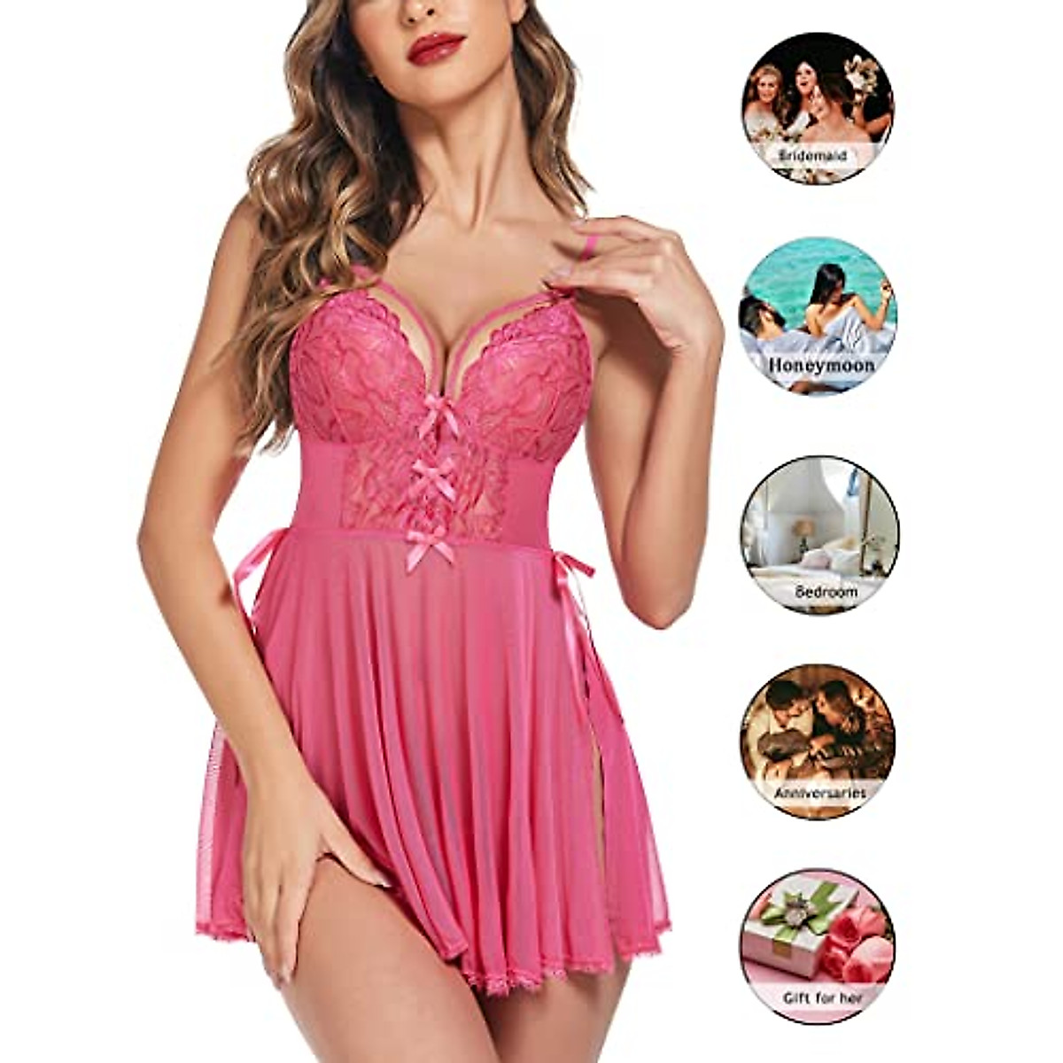 Avidlove Lace Lingrie Women V Neck Babydoll Strap Chemise Sexy Sleepwear Nighgown Side Spilt Nightwear Boudior Nighty Rose Red