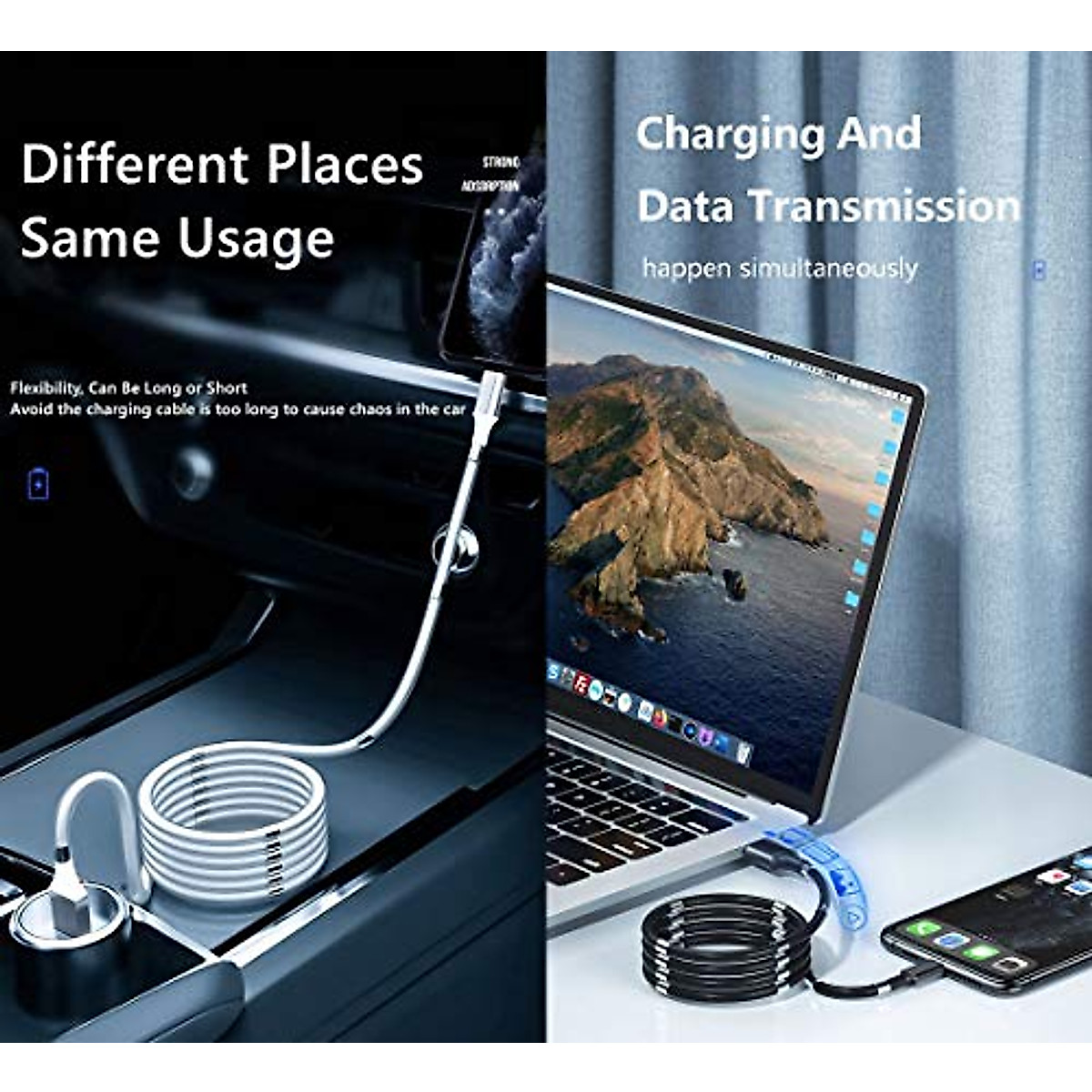 JJKKZVZ 2Pack Upgraded Type-C Magnetic Charging Cable, Retractable USB C Type Data Transfer Cable, Coiled Type C Cable 3 FT with Soft Protective Tube for All USB Type C Charger Phones, Tablets