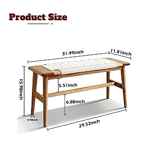 Vadisun 100% Solid Oak Wood Bench,Hand Woven Chair Surface Design,Solid Structure of Chair Legs,Bedroom Bench/Entryway Bench/Dining Bench (Off-White,31.49”*11.81”*15.98”)