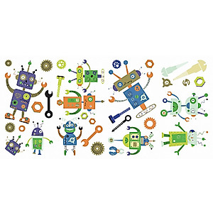 RoomMates RMK3941SCS Robots Peel and Stick Wall Decals,Orange, Blue, Purple, Green