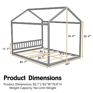 LostCat Queen Size Kids House Bed Frame with Headboard, Wooden Montessori Floor Bed Kids Bed Frame, House Platform Bed for Kids Boys Girls, Wooden Slat Support/No Box Spring Needed, Gray
