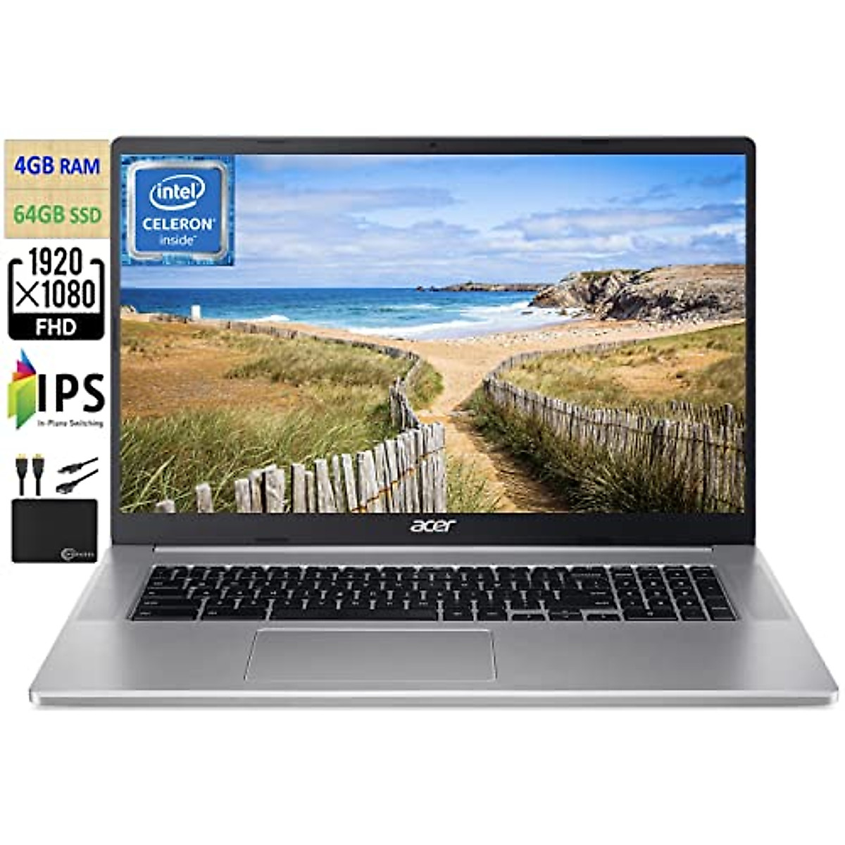 Acer 2022 Newest Chromebook 17.3" FHD 1080p Widescreen Light Laptop, Intel Celeron N4500 (Up to 2.8GHz), 4GB RAM, 64GB eMMC,HD Webcam,UHD Graphics, WiFi 6, 10+ Hours Battery,Chrome OS,w/MarxsolCables