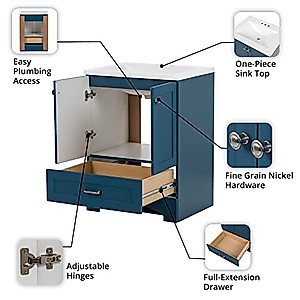 Spring Mill Cabinets Emlyn 24 Inch Bathroom Vanity with White Single Sink Top, 2-Door Cabinet, 1 Drawer, 24.5" W x 18.75" D x 32.89" H, Admiral Blue