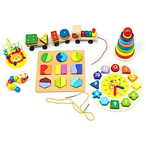 LMC Products Variety Pack of 6 Wooden Toys - Toys for Toddlers 3 Year Old & Up, Stacking & Lacing Toys, Fine Motor Skills Toys, Bead Maze, Educational Shape Puzzle