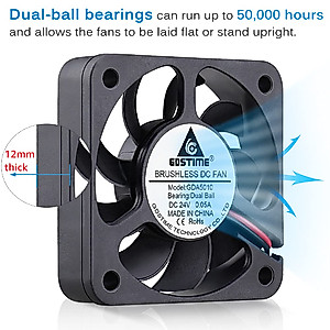 GDSTIME 50mm x 50mm x 12mm 24v Dual Ball Bearing Brushless Cooling Fan