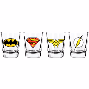 DC Comics Justice League Shot Glass Set - 2 oz. Capacity - Set of 4 Shot Glasses - Superman, Batman, Wonder Woman, Flash Clear