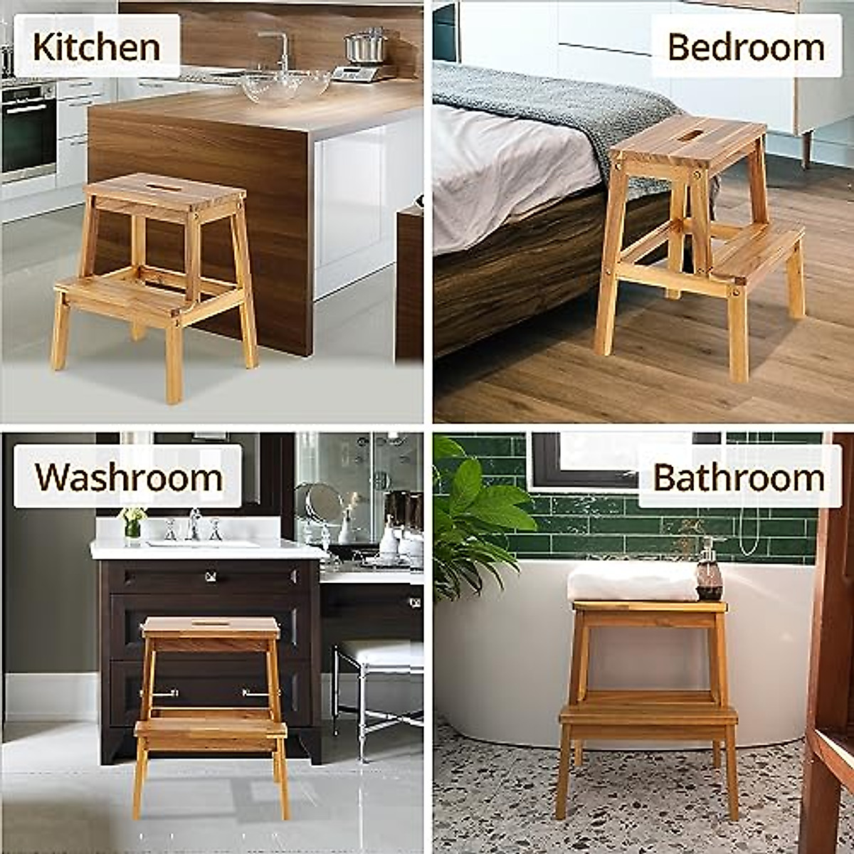 Wooden 2 Step Stool for Children Adults, Multifunctional Large Kitchen Step Helper for Toilet Bathroom Bedroom, Stepping Standing 2-Step Ladder, 16.9" D x 15.4" W x 19.6" H, Easy to Assemble, Natural