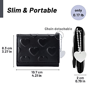 Sminra Womens Wallet Small Trifold Slim Leather Cute Wallet Cash Pocket with Heart chain Coin Purse ID Window Card Holder for Girls and Ladies (Black)