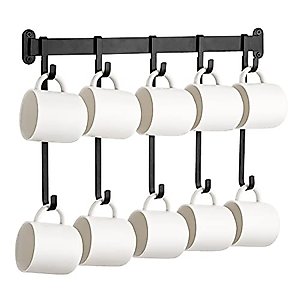 Mkono Coffee Mug Holder Wall Mounted Mug Hooks Rack for 10 Coffee Cup Organizer, Metal Mug Wall Hanger with 5 Adjustable Dual-Hooks Rustic Mugs Tea Cups Storage Organizer for Coffee Bar Kitchen