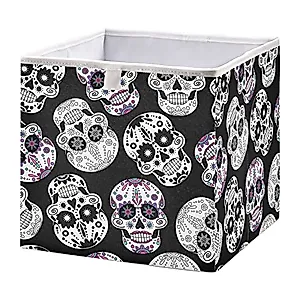 Sugar Skulls Flowers Storage Bins Cubes Storage Baskets Fabric Foldable Collapsible Decorative Storage Bag with Handles for Shelf Closet Bedroom Home Gift 11" x 11" x 11"