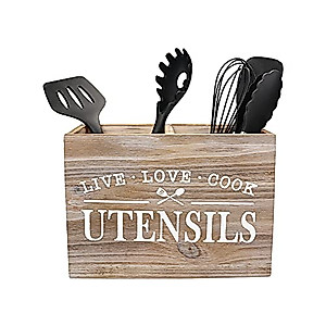 Karisky Kitchen Utensil Holder for Countertop, Farmhouse Solid Real Wood Utensil Caddy with Removable Bottom, 2 Compartments Utensil Crock Flatware Organizers for Kitchen, Nature
