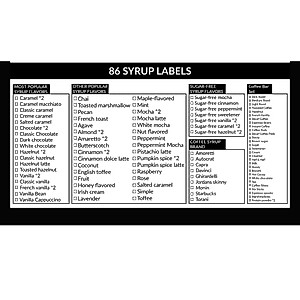 Jweltz Coffee Syrup Dispenser - 4-Pack Glass Pump Bottles with 86 Coffee Syrup Labels - Clear Sleek Coffee Bar Accessories, Kitchen Decor for Counter & Housewarming Gift - 8oz. (Black)