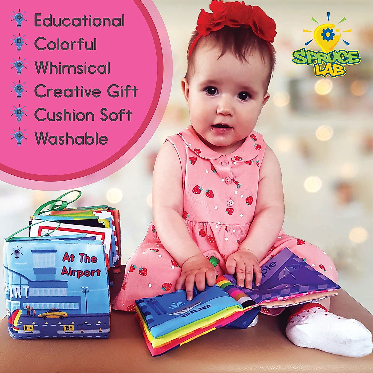 Spruce Lab Educational Soft Baby Books - 6 Cloth Book Set - Early Learning Sensory Development for Babies - Crinkle Touch and Feel Toddler Toy - High Contrast Infant Toys - Boy/Girl Baby Shower 0-2 yr