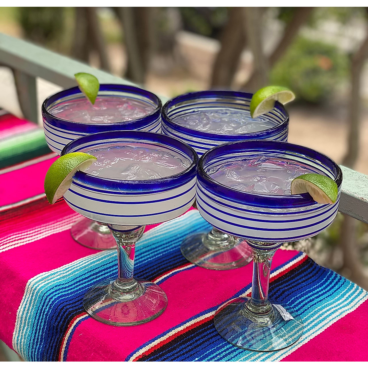 Mexican Hand Blown Glass – Set of 4 Hand Blown Margarita Glasses (16 oz) with Blue Spiral Design