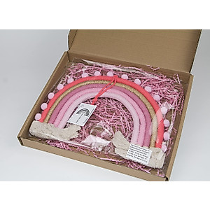 Macrame Pastel Rainbow with Pompoms and Tassels, Wall Hanging Accent for Girls, Boho Kid Room Decor, Adorable Baby Shower or Awesome Birthday Gift Pink, 14x11 inches