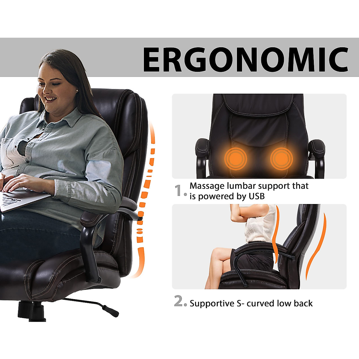 Big and Tall Office Chair-500lbs Executive Massage Office Chair, PU Leather Adjustable Height Computer Desk, Ergonomic Task Chair with Massaging Lumbar Support Home Office Desk Chairs, Brown